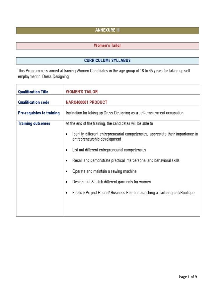 Women's Tailor Training Curriculum | PDF | Entrepreneurship | Marketing