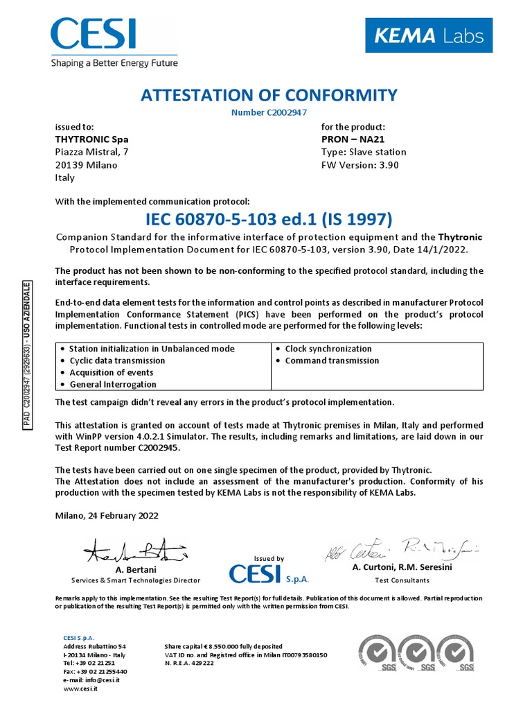 C2002947 Thytronic PRON NA 21 IEC 103 Attestation of Conformity 22 02 ...