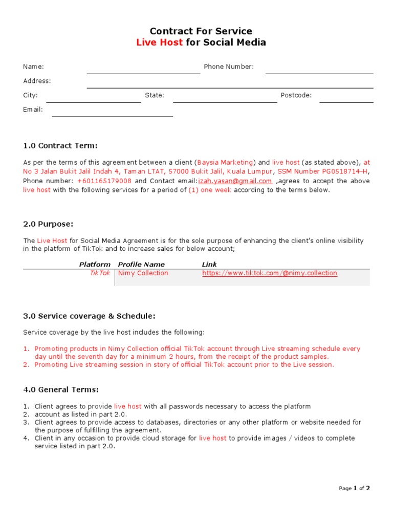 Service-Contract-Template Live Host Hiring | PDF | Social Media ...