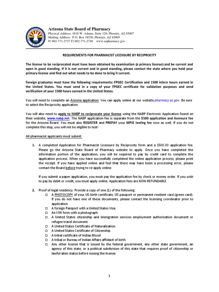 Arizona Pharmacist Licensure Guide | PDF