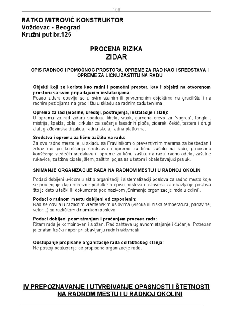 Zidar Procena Rizika | PDF