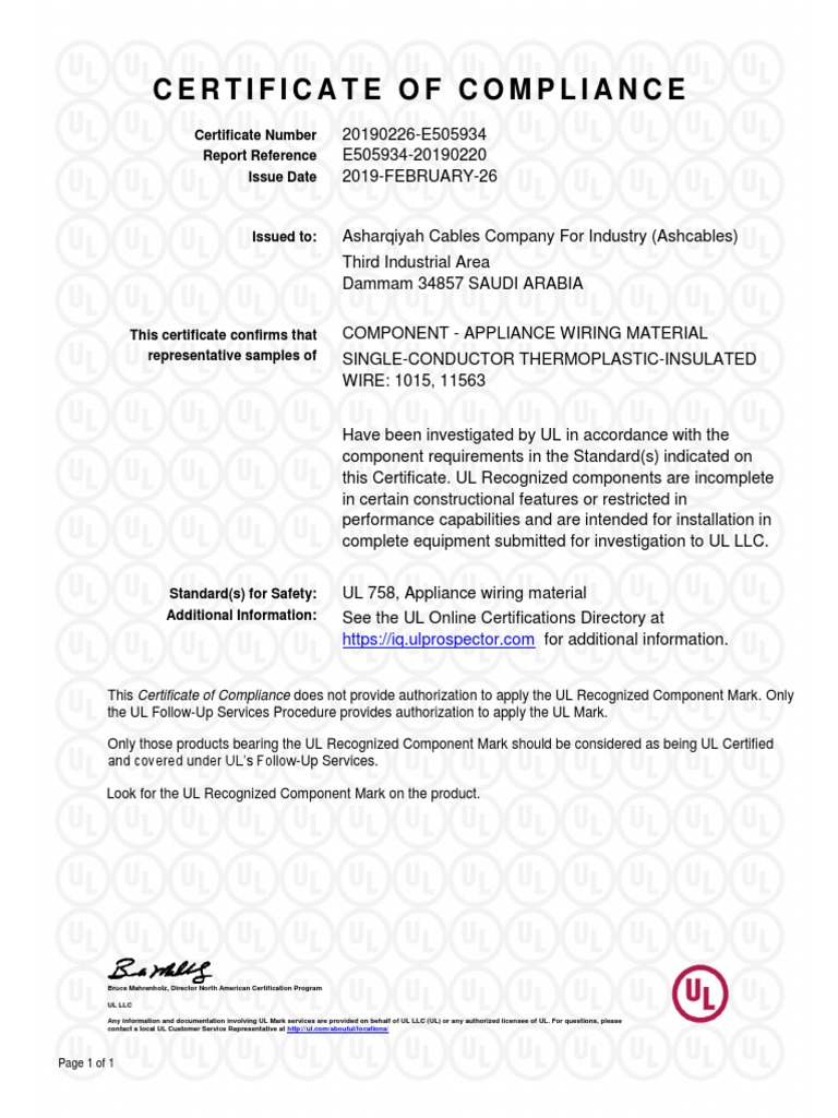 UL Compliance Certificate for Ashcables | PDF | Safety