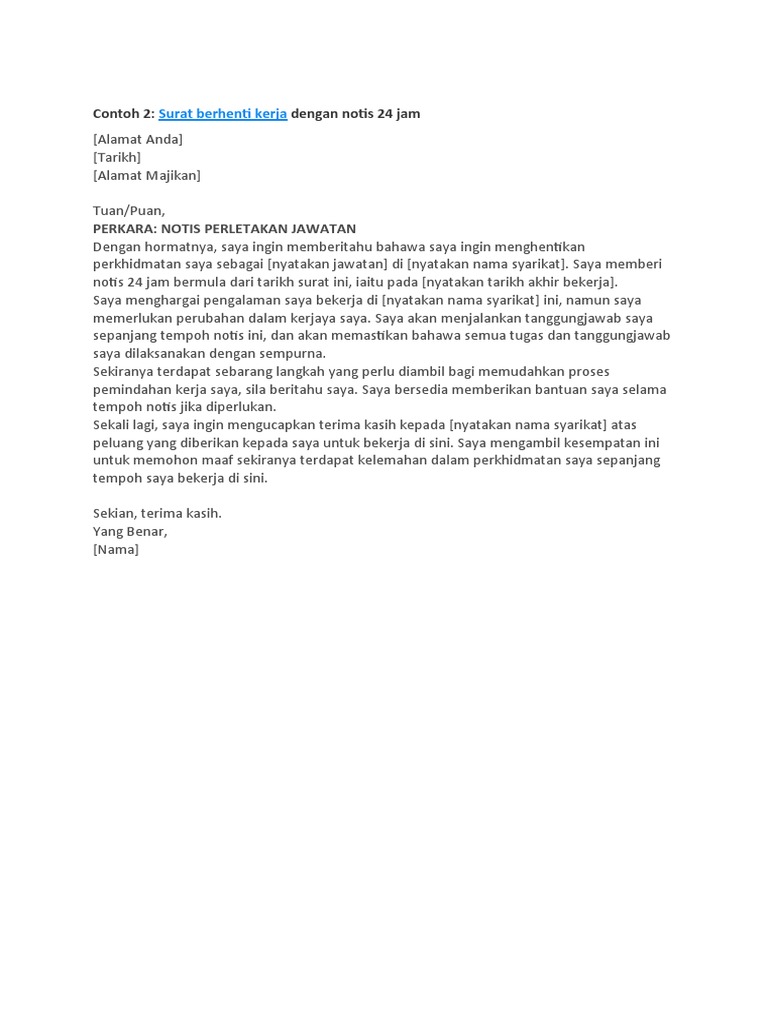 Contoh Surat Berhenti Notis24jam | PDF