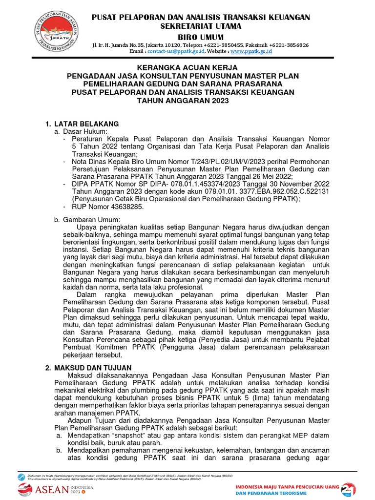 KAK Penyusunan Master Plan Pemeliharaan Gedung Dan Sarana Prasarana Gedung PPATK TA 2023 | PDF