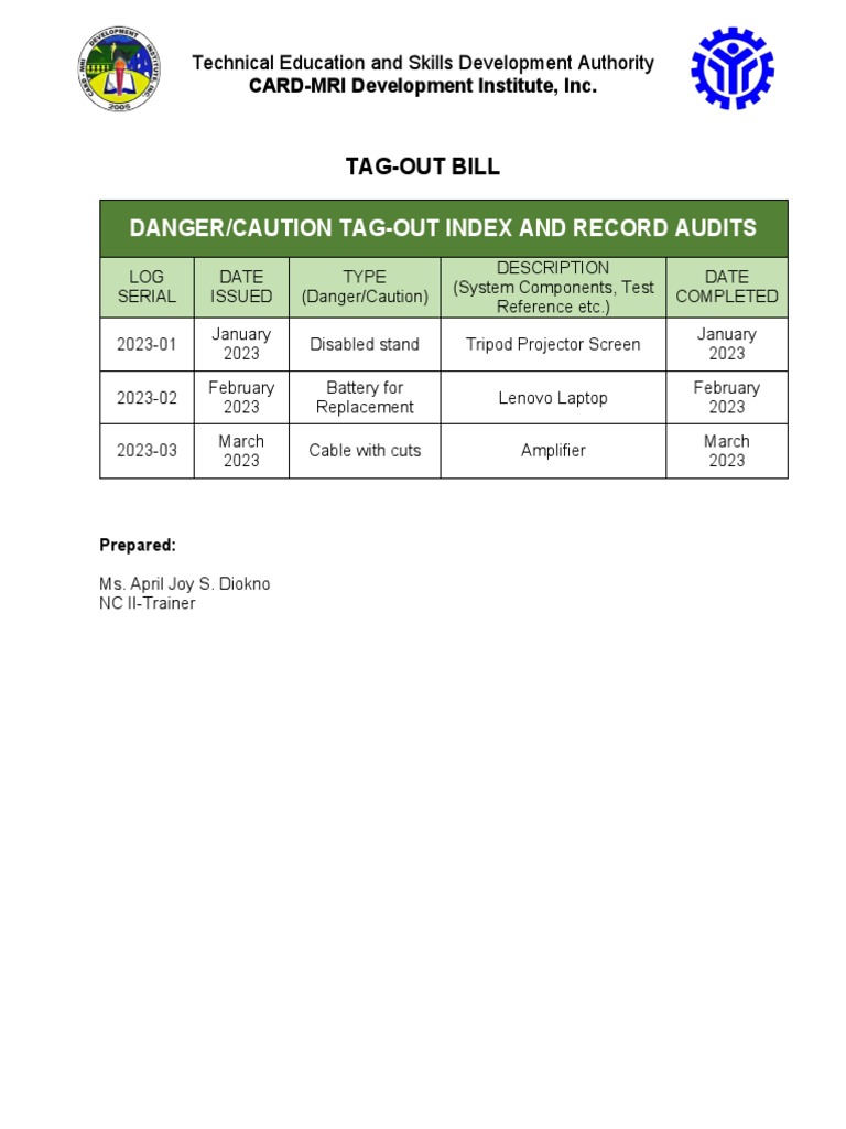 Tag Out Bill Mftech NCII | PDF