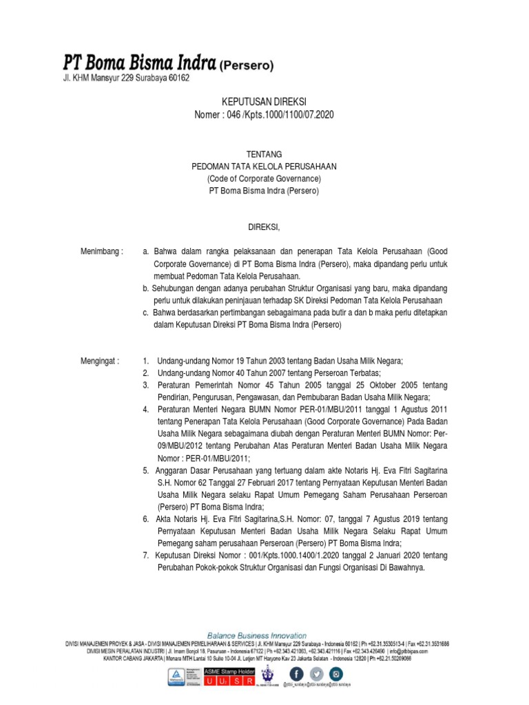 SK Direksi Nomor 046-Kpts.1000-1100-07.2020 Tata Kelola Perusahaan | PDF