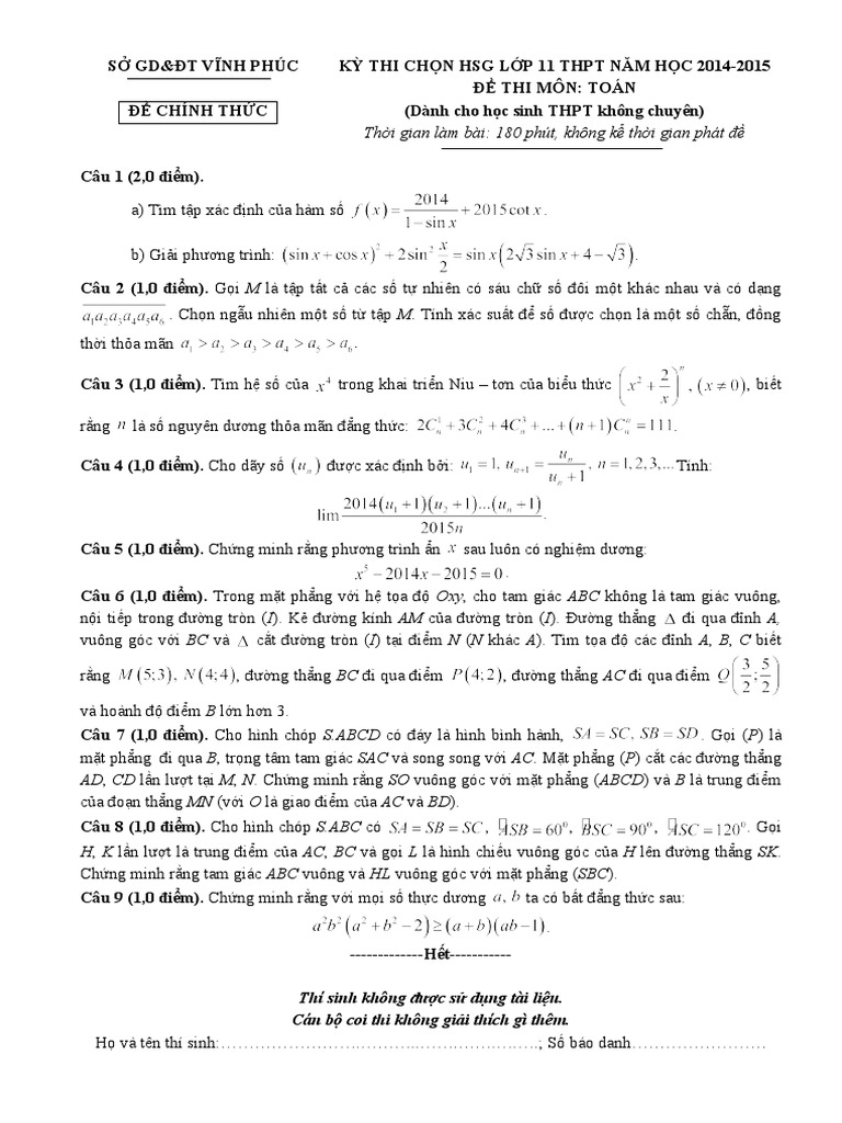 De Thi HSG Toan 11 Vinh Phuc 2015 | PDF