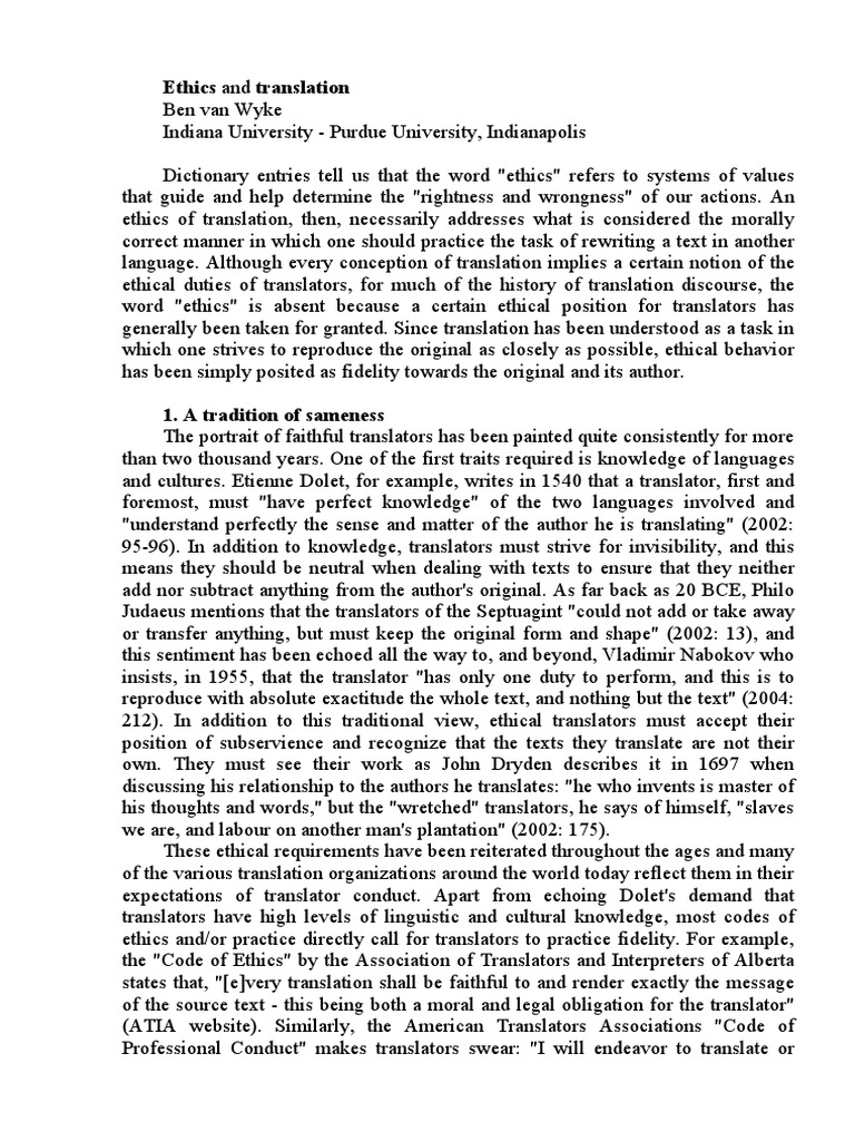 Wyke Van Ethics and Translation Eng | PDF | Translations