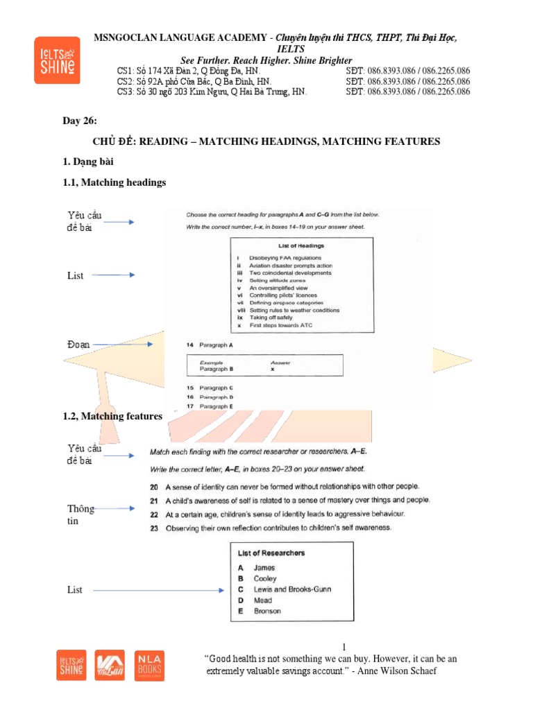 (Day 26) Reading - Matching Headings, Matching Features | PDF