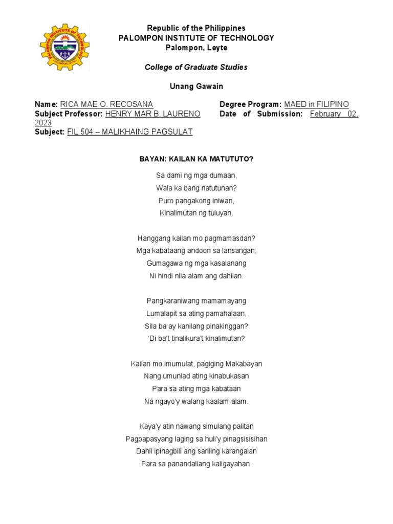 Malikhaing Pagsulat (Tula) | PDF