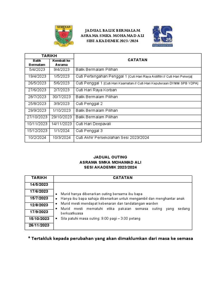 Jadual Balik Bermalam - Outing 2023-2024 | PDF