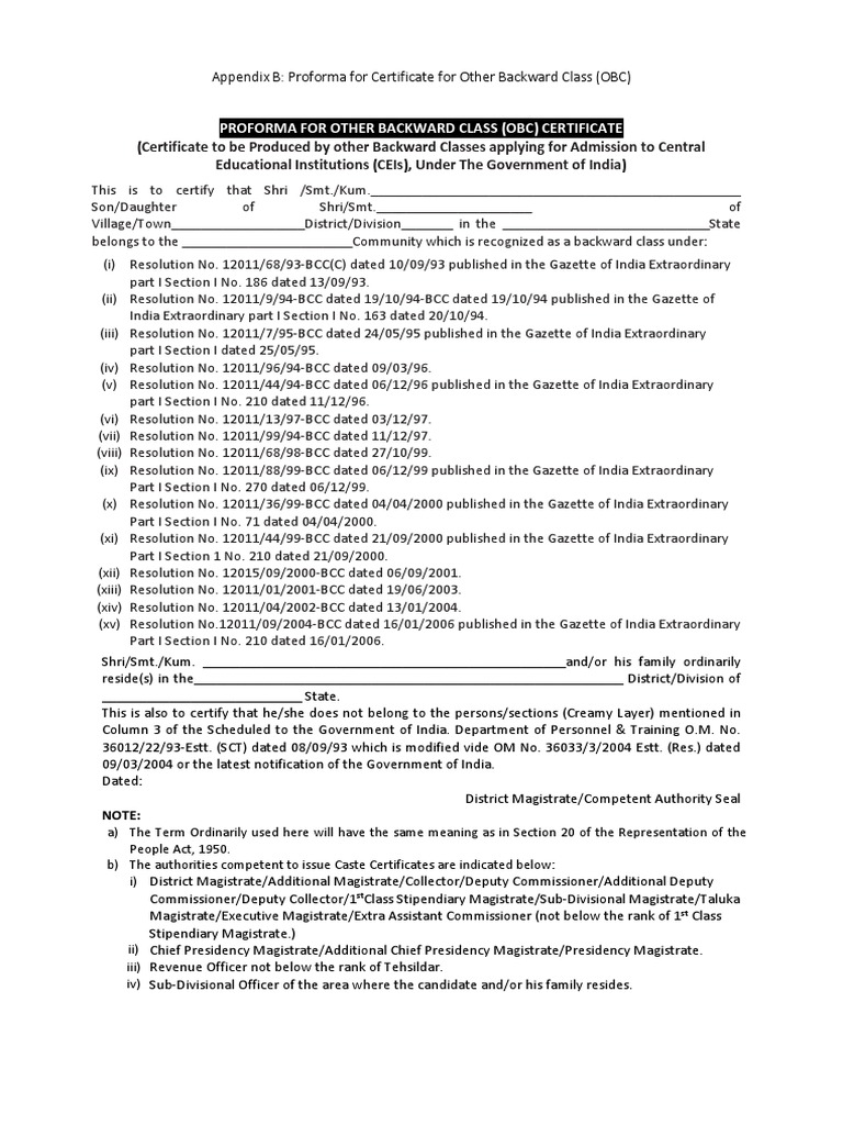 Appendix B OBC Certificate INI CET PG July 2021 | PDF | Politics Of ...