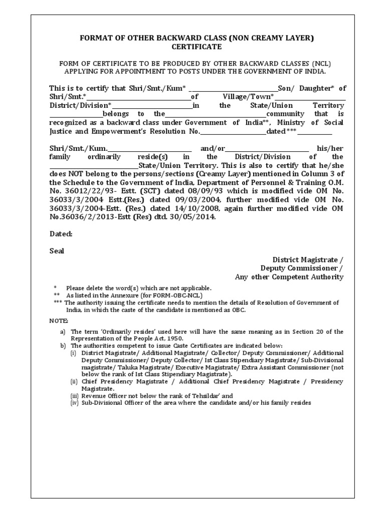 OBC Caste Certificate Format | PDF | South Asia | Justice
