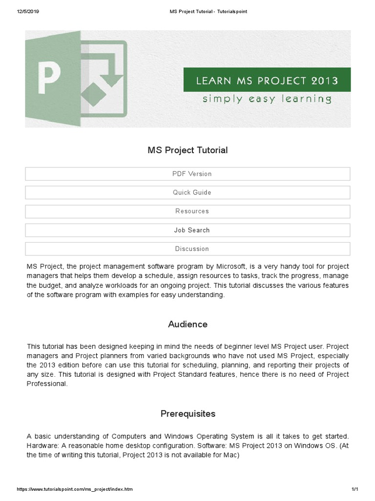 MS Project Tutorial - Tutorialspoint | PDF