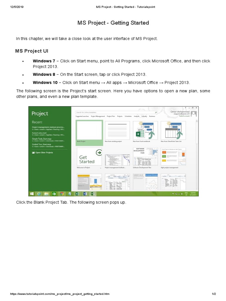 MS Project - Getting Started - Tutorialspoint | PDF | Ibm Pc Compatibles | Graphical User Interfaces