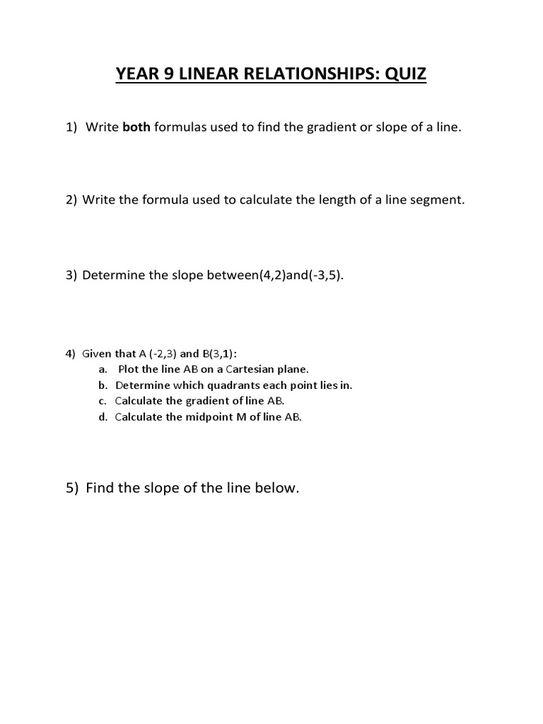 Year 9 Linear Relationships Quiz | PDF