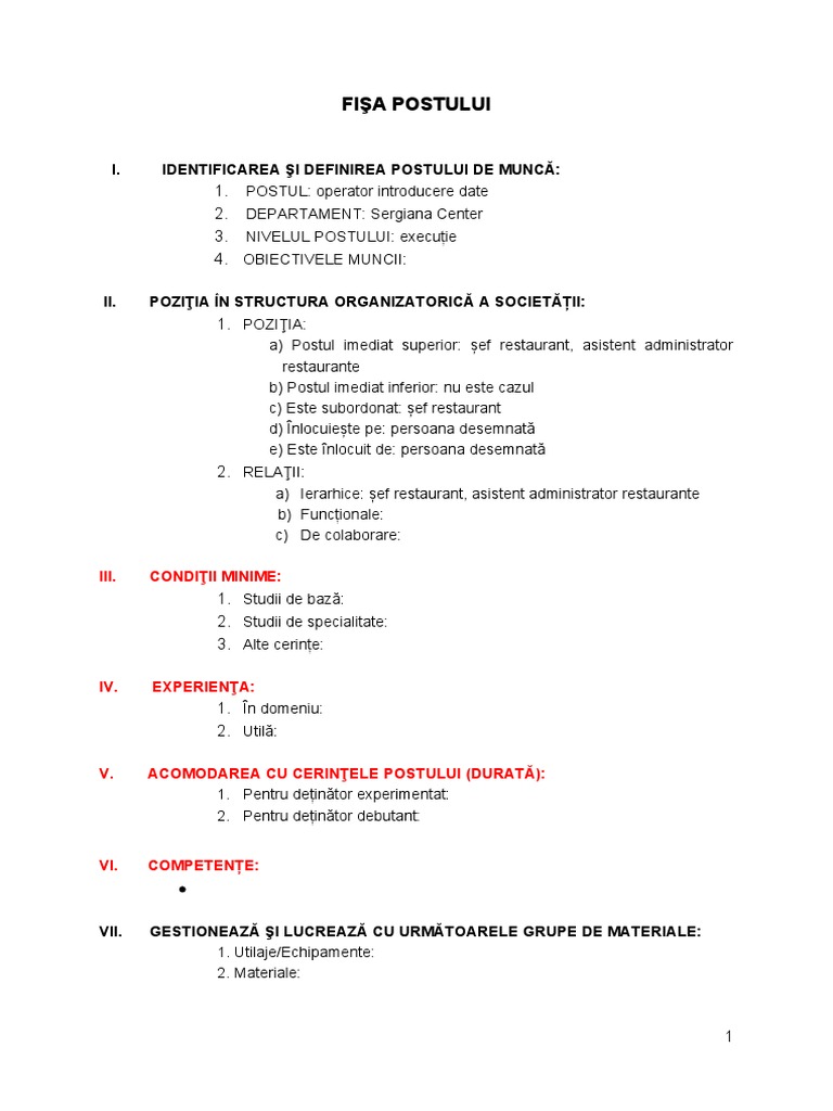 2022 Fișă de Post Operator Introducere Date - CC | PDF