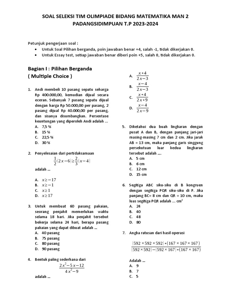 SOAL SELEKSI TIM OLIMPIADE BIDANG MATEMATIKA MAN 2 PSP 2023-2024 | PDF