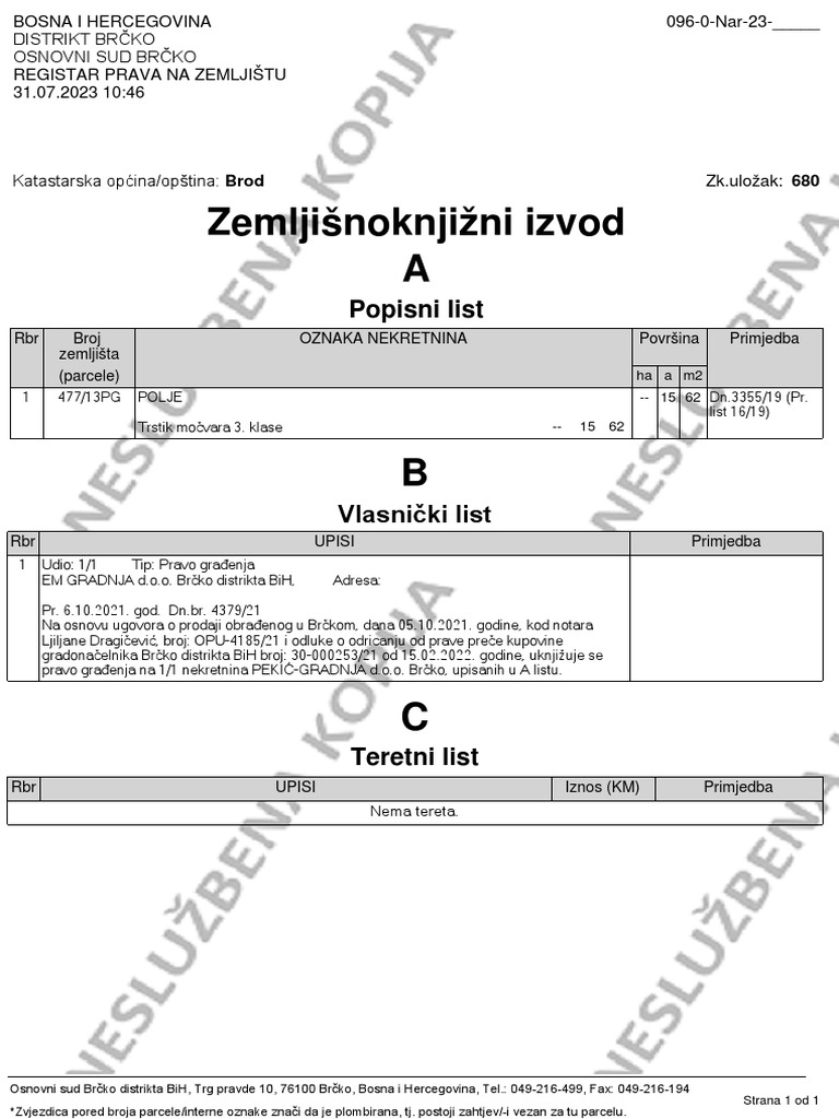 Zemljišnoknjižni Izvod A: Popisni List | PDF