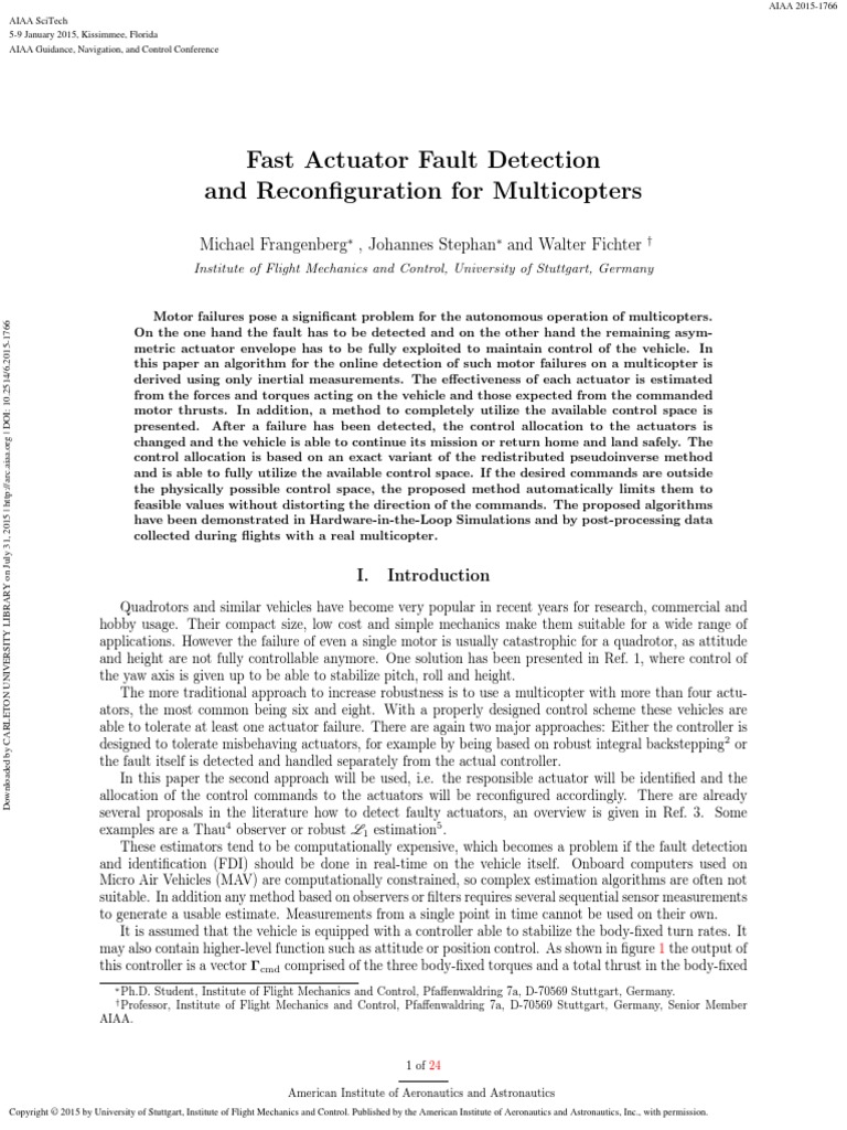 2015 Fast Actuator Fault Detection and Reconfiguration For Multicopters | PDF | Ordinary Least ...
