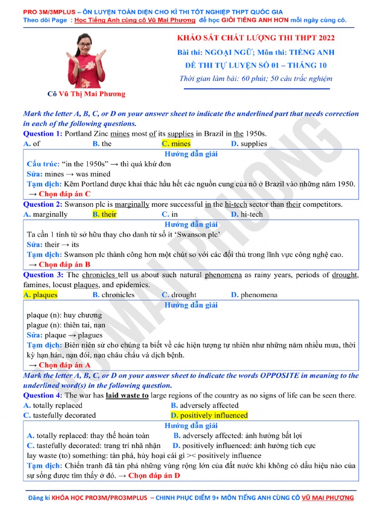 (Cô Vũ Mai Phương) Hướng Dẫn Giải Chi Tiết Đề Thi Tự Luyện Tháng 10 - Đề Số 01 | PDF