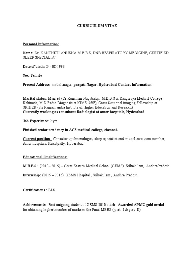 Anusha Resume CV | PDF | Pulmonology | Intensive Care Medicine