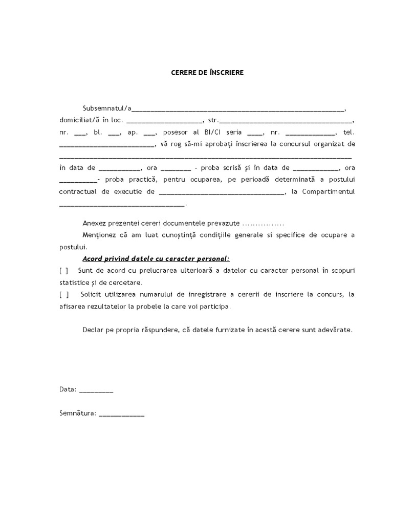 Model DE CERERE INSCRIERE CONCURS | PDF