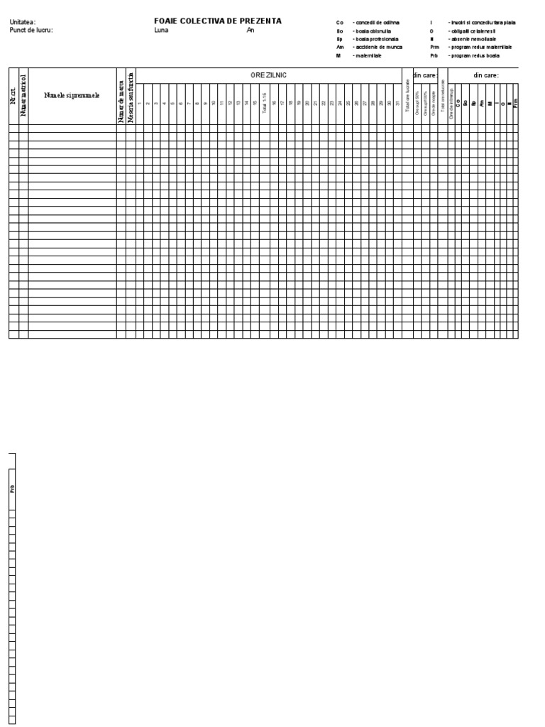 Model de Foaie Colectiva de Prezenta | PDF