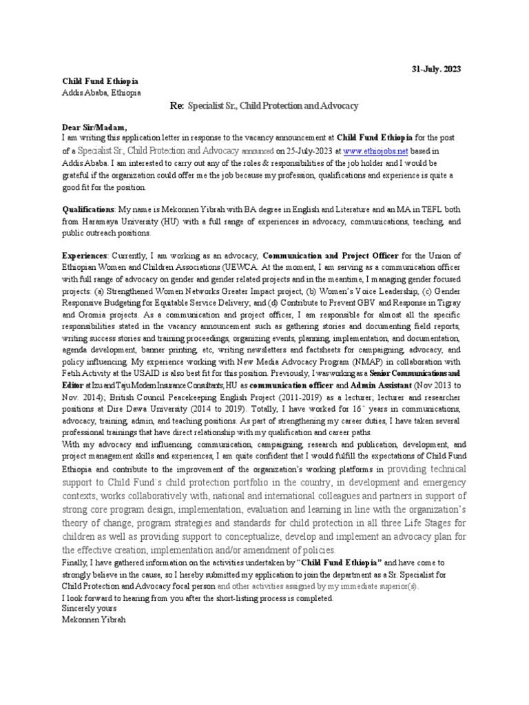 Application for Child Protection Specialist | PDF | Ethiopia