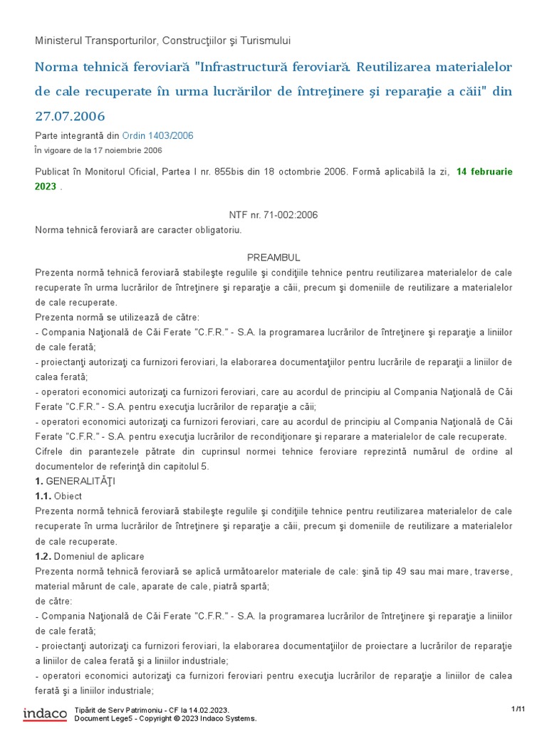 Norma Tehnica Feroviara Infrastructura Feroviara Reutilizarea Materialelor de Cale Recuperate in ...