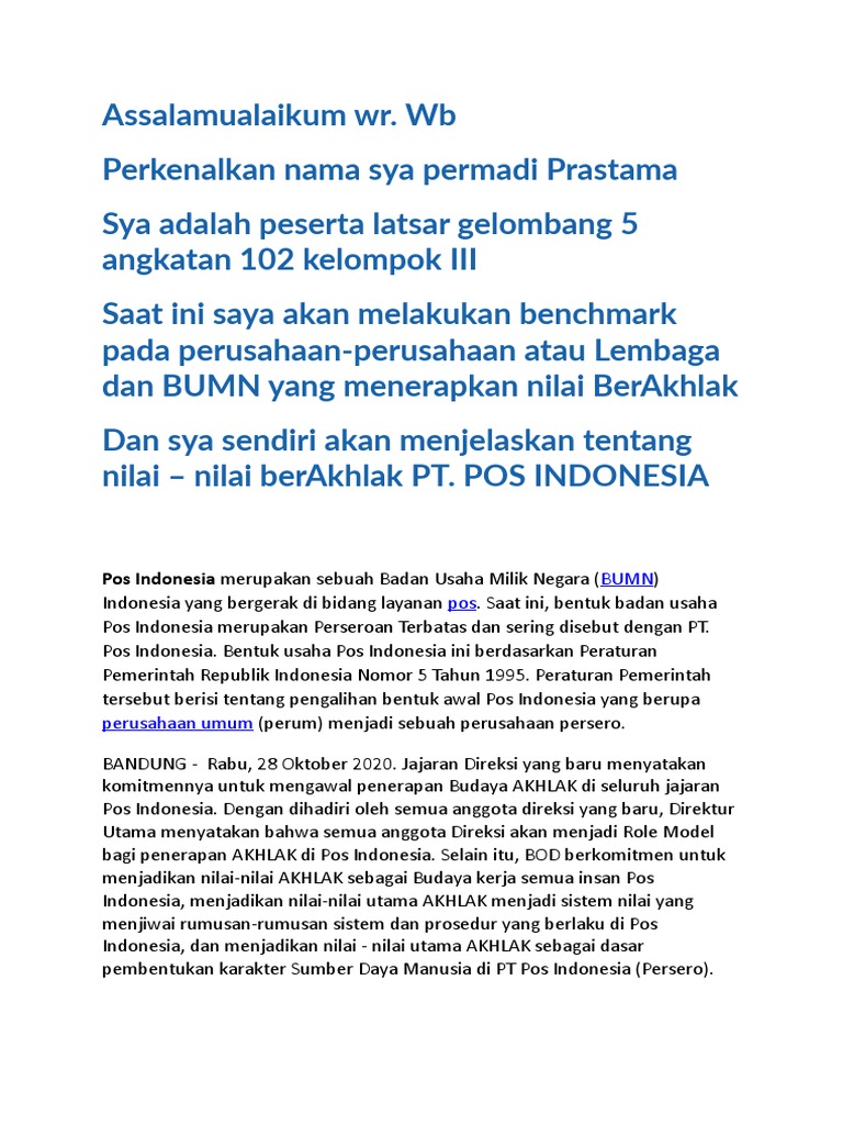 Komitmen Penerapan Budaya Akhlak Di PT Pos Indonesia | PDF