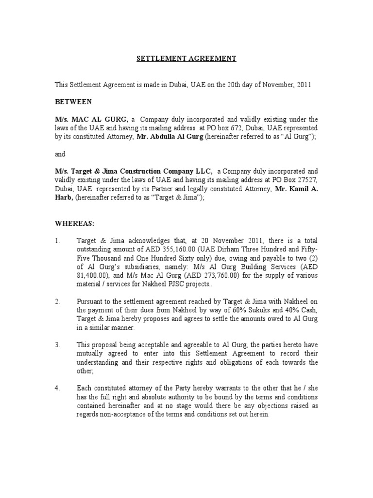 Settlement Agreement Form | PDF | United Arab Emirates | Civil Law ...