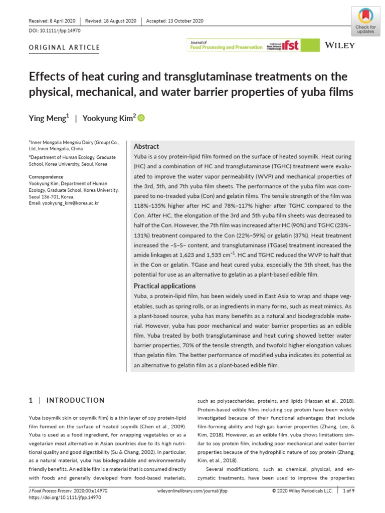 Effects of Heat Curing and Transglutaminase Treatments On The Physical, Mechanical, and Water ...