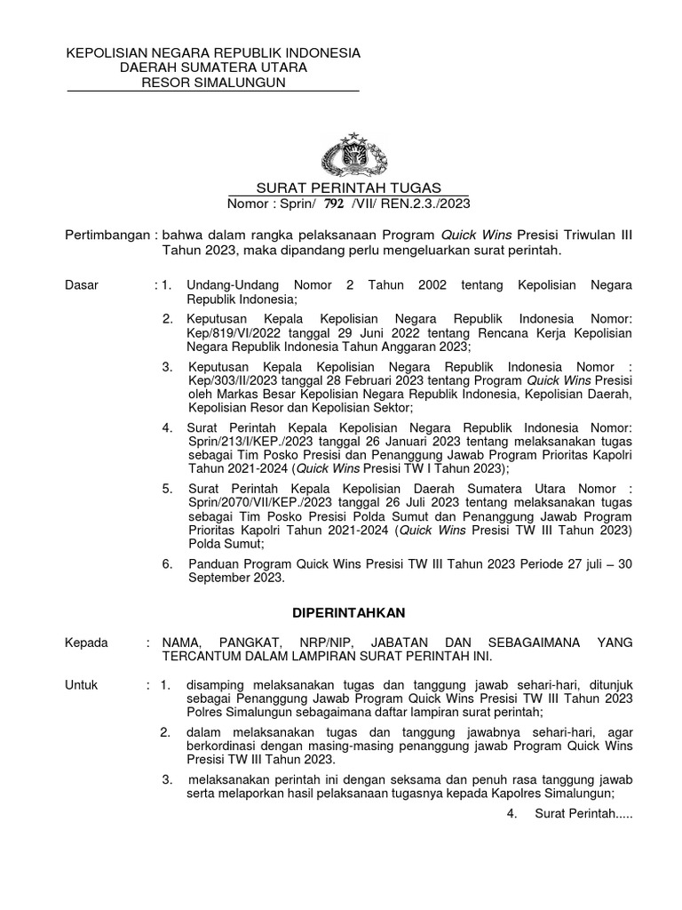 Surat Tugas Quick Wins Presisi Polres Simalungun | PDF