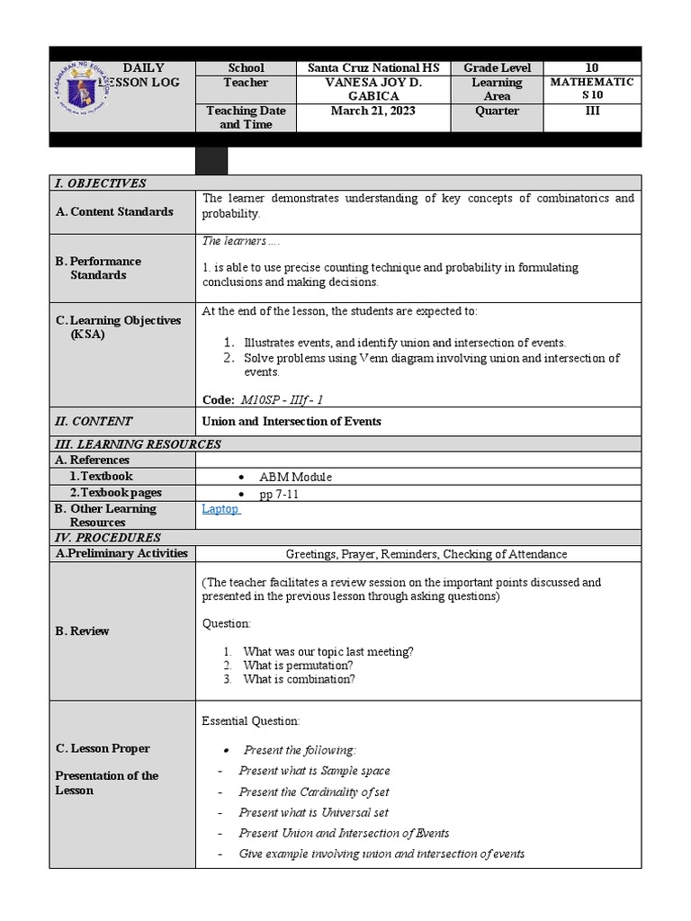 LP MATH 03-21-23 (Union and Intersection) | PDF | Learning | Mathematics