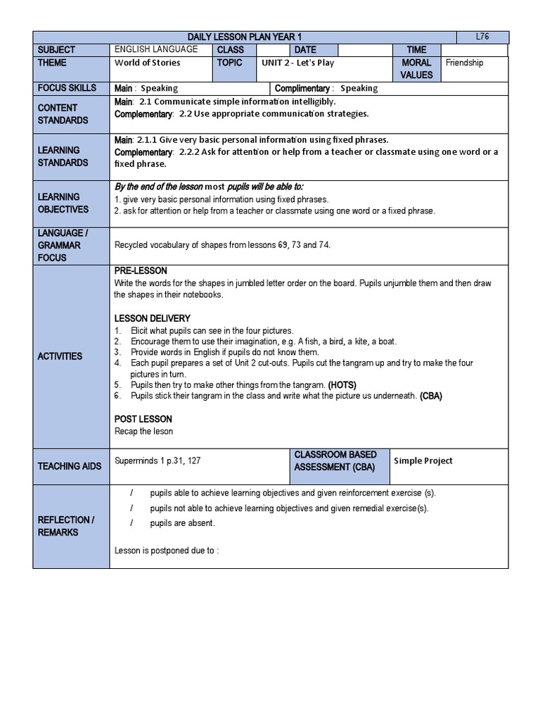 RPH BI D1 Let's Play (L76-L78) | PDF | Lesson Plan | Teachers