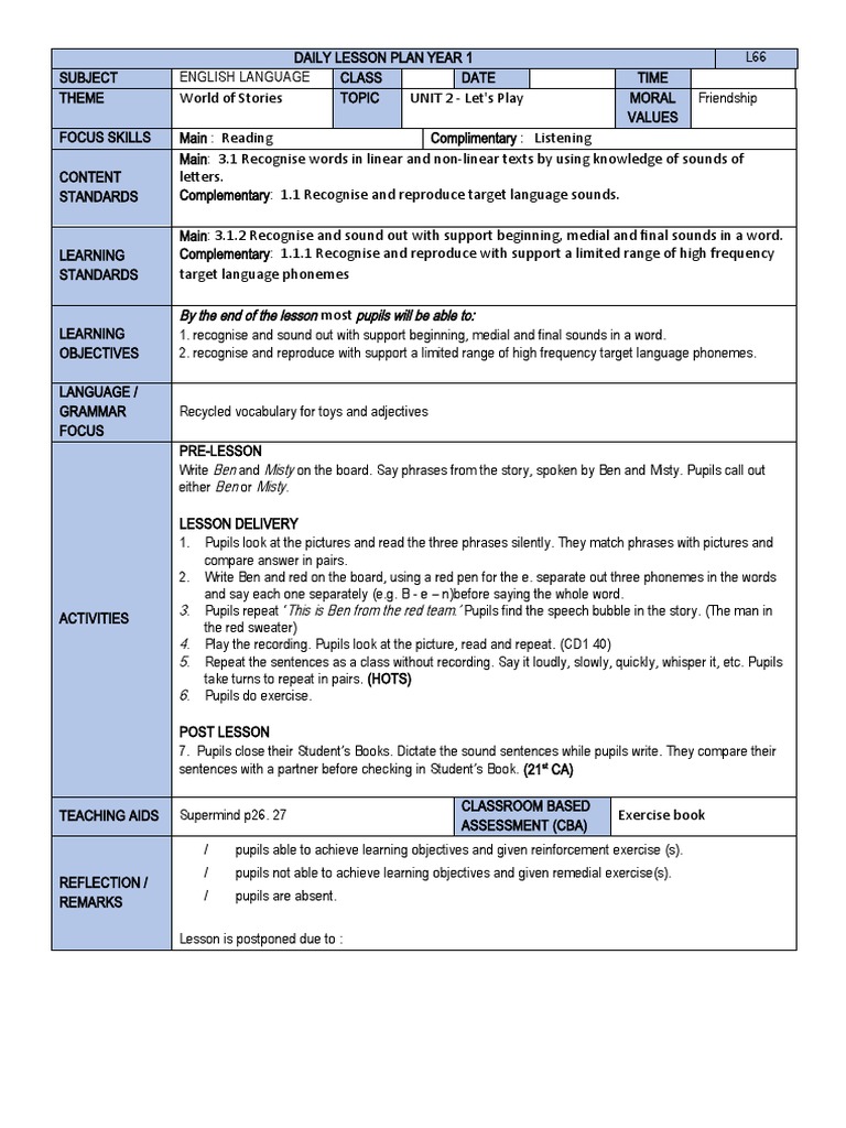 Year 1 English Lesson Plans: Let's Play | PDF