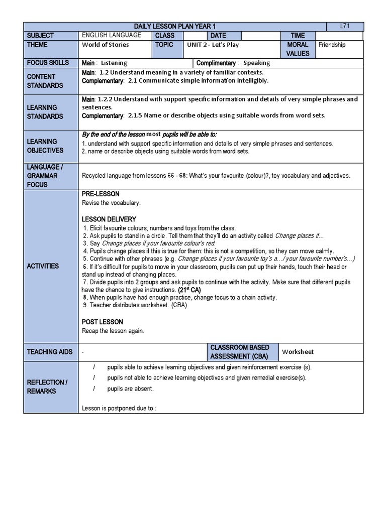 RPH Bi d1 Let's Play (l71-l75) | PDF | Lesson Plan | Vocabulary