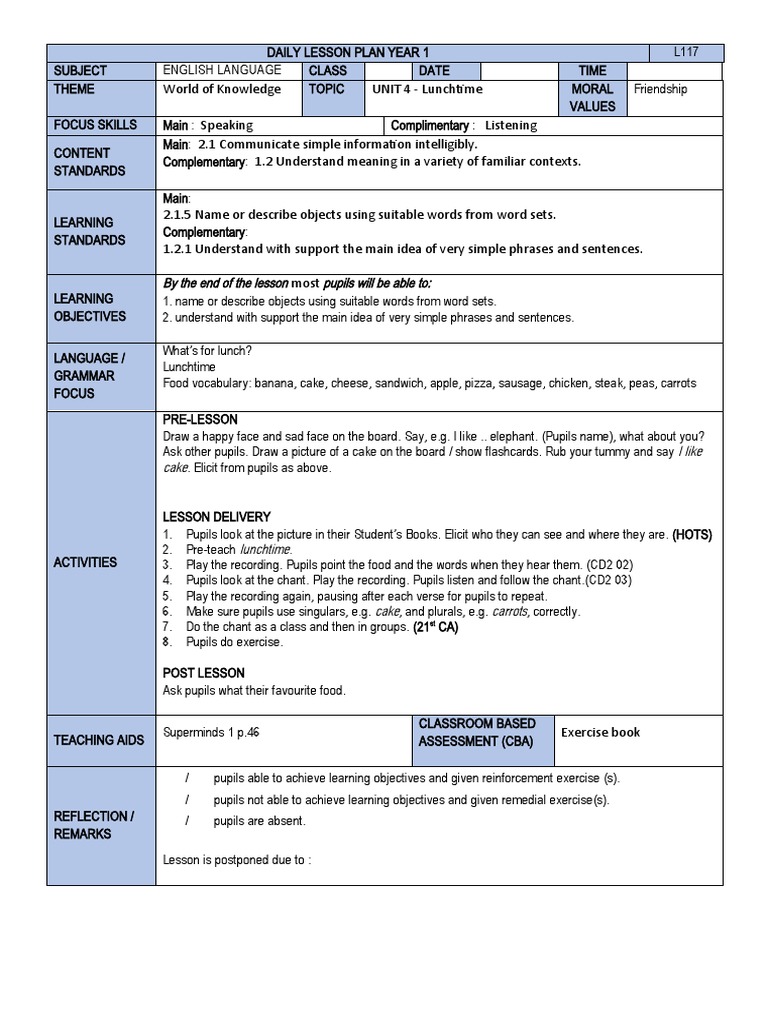 Year 1 English Lesson Plans | PDF | Learning | Lesson Plan