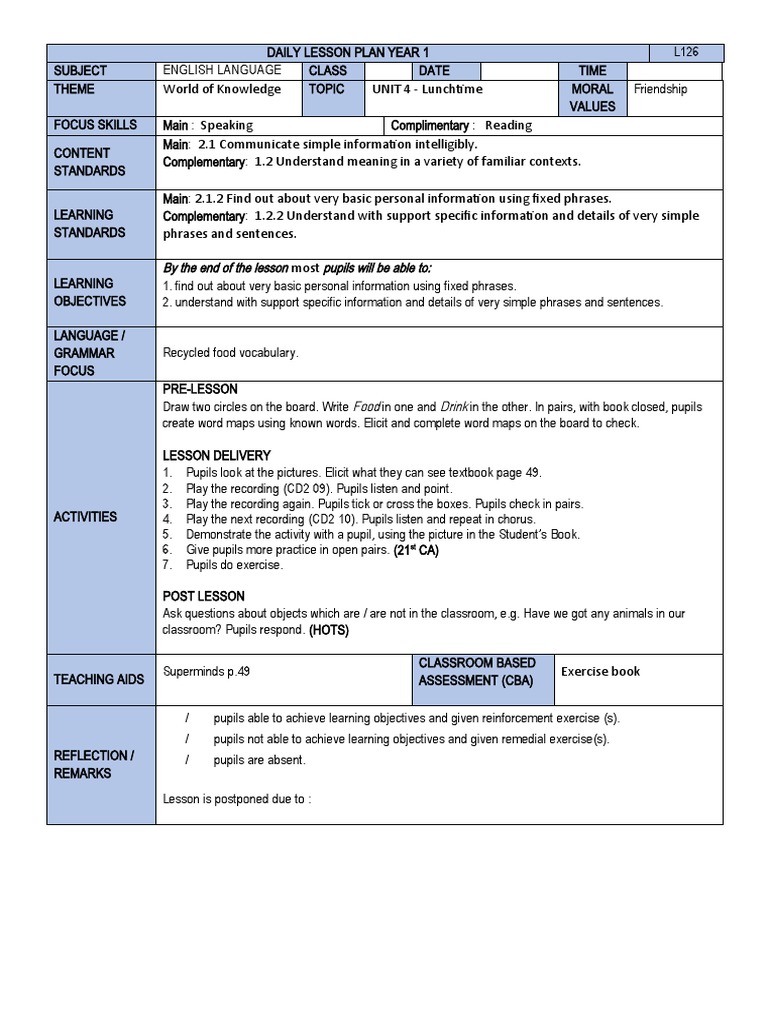 RPH BI D1 Lunchtime (L126-L130) | PDF | Lesson Plan | Learning