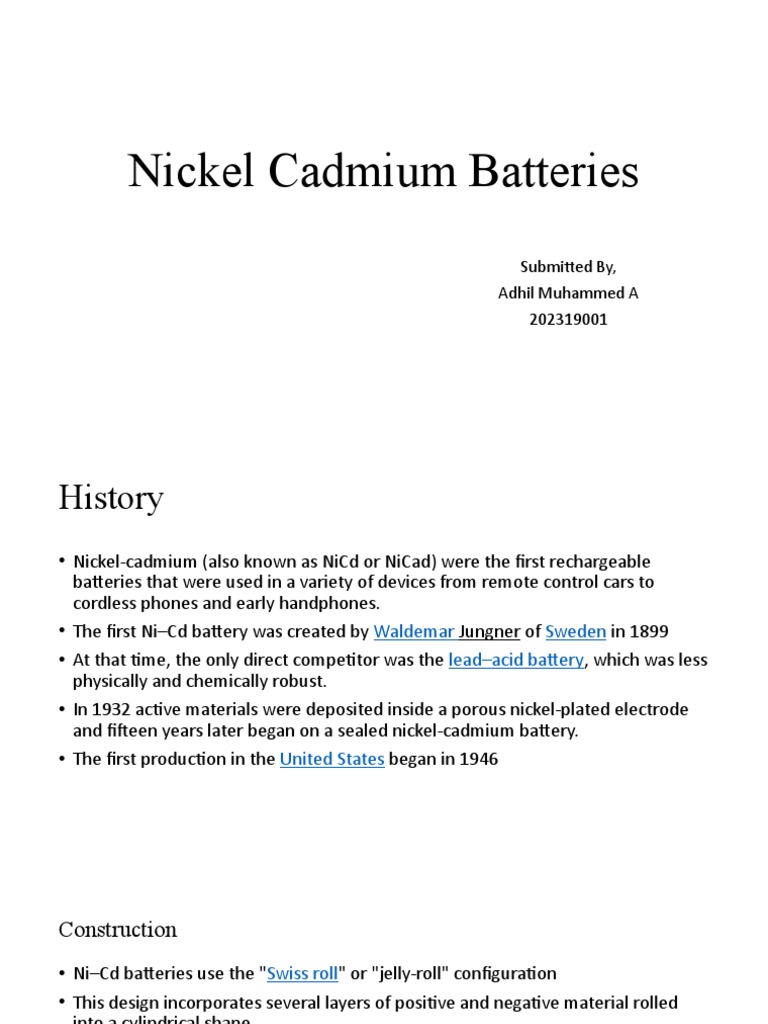 Nickel Cadmium Battery Overview | PDF | Rechargeable Battery | Chemistry