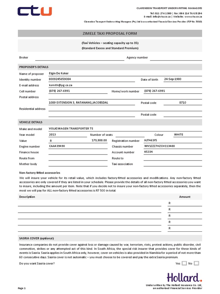 Taxi Proposal Form K5334 | PDF | Insurance | Underwriting