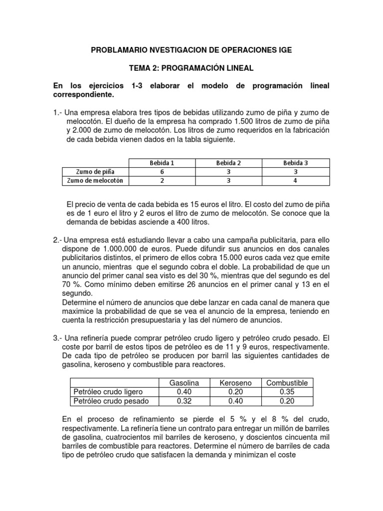 Problemario Tema 2. Programación Lineal | PDF | Petróleo | Programación lineal