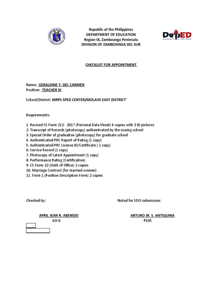 Checklist For Appointments | PDF