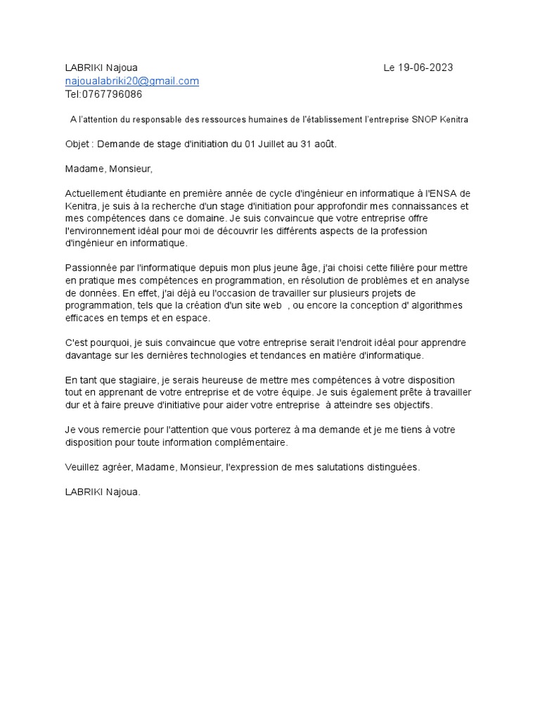 Demande de stage à SNOP Kenitra | PDF