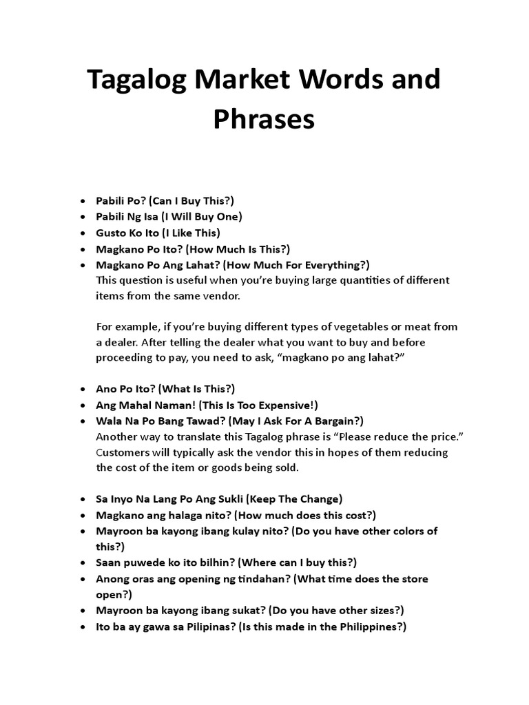 Tagalog Market Words and Phrases | PDF