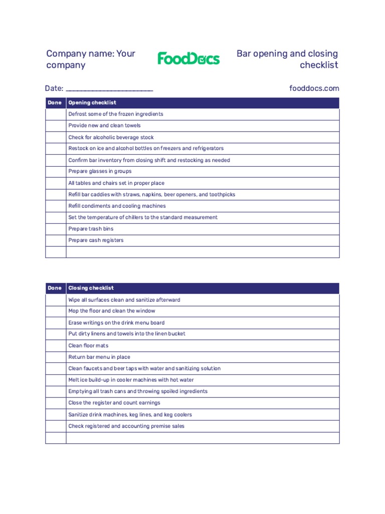Bar Opening and Closing Checklist | PDF