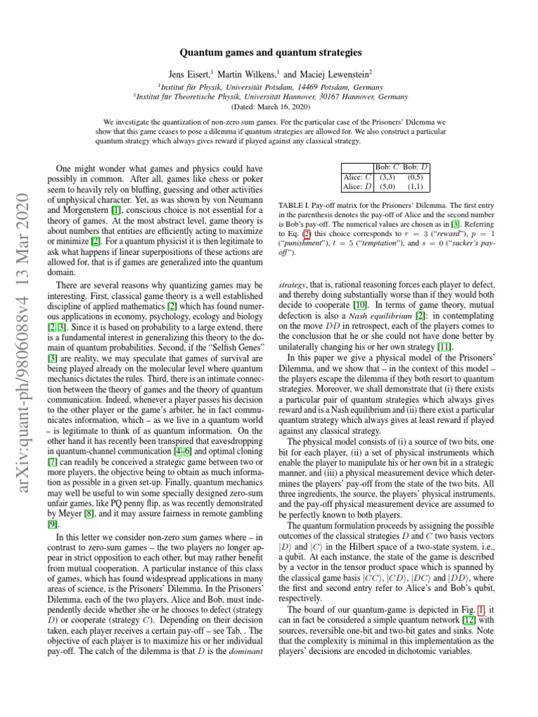 Quantum Games and Quantum Strategies | PDF | Quantum Mechanics | Game Theory