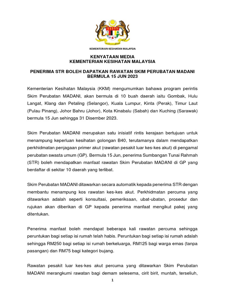 Kenyataan Media Ybmk 15 Jun 2023 - Skim Perubatan Madani | PDF