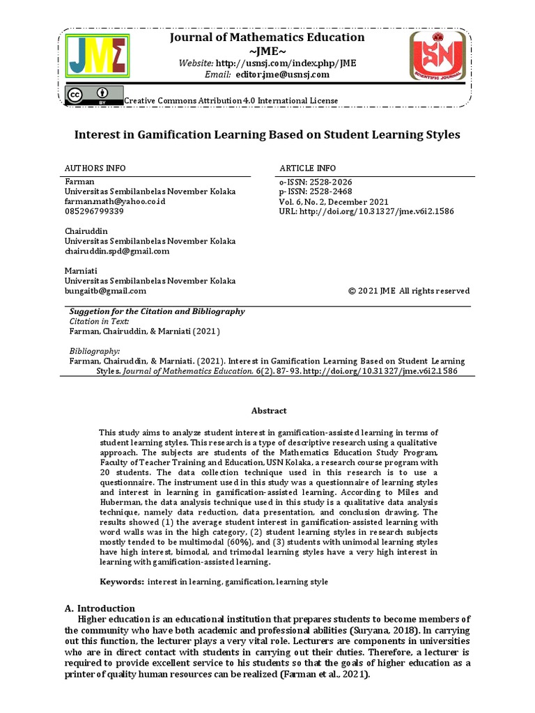Interest in Gamification Learning Based On Student Learning Styles | PDF | Learning Styles ...